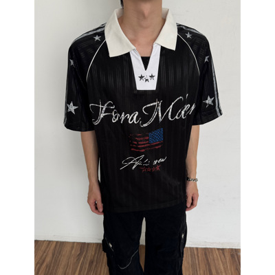 美式复古POLO衫短袖T恤男设计感小众运动风球衣宽松休闲上衣夏季