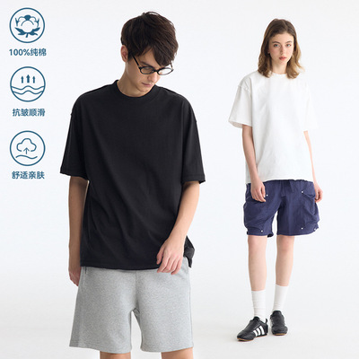 UNF双层领破坏简约高级圆领tee短袖美式vintageT恤宽松男春夏新款