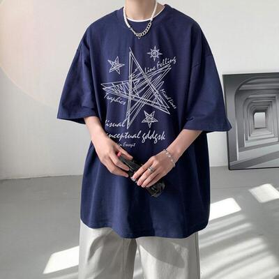 纯棉240g美式潮牌五角星字母印花涂鸦t恤男生五分袖体恤青少年