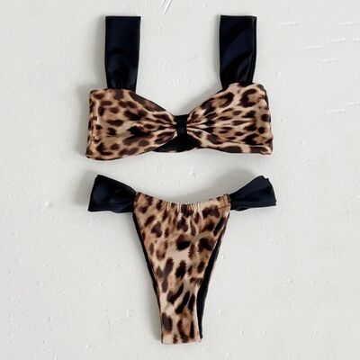 Leopard print color blocked strapless bikini豹纹拼色抹胸泳衣