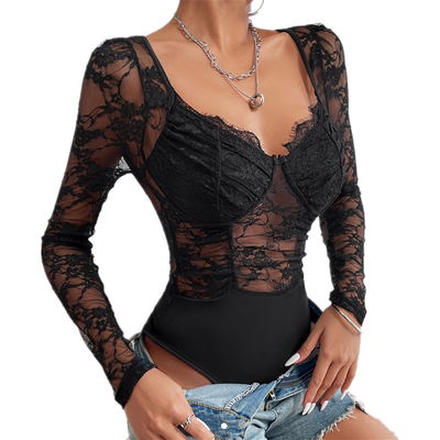 Lace-paneled fungus trim bodysuit蕾丝拼色木耳边修身连体衣 女