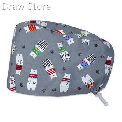 Scrub Caps New Design White Bear Footprint Printing Nurse V