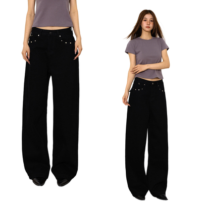 美式复古高腰阔腿显瘦牛仔裤女