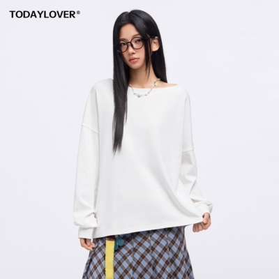 TODAYLOVER纯色斜肩长袖T恤