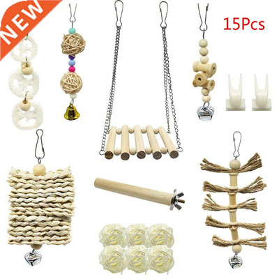 15Pcs/Set Pet Parrot Wooden Swing Chewing Toys Hanging Bell