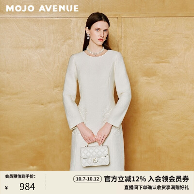 朗姿/MOJO AVENUE莫佐2026春新品简约蕾丝花纹白色收腰连衣裙女通