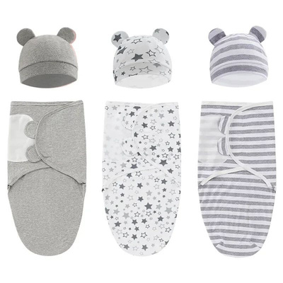 Cotton Baby Swaddle Blanket Swaddle Wrap Hat Set for Infant