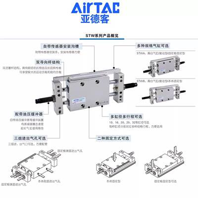 亚德客双杆滑台气缸STWB10X25S 16X50S 20X75S 25X100S 125S-150S