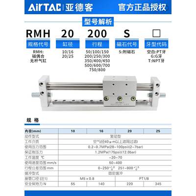 亚德客磁耦无杠气缸RMH16X50S RMH16X100S RMH16X150S RMH16X200S