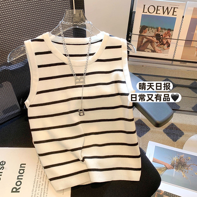 10260 好质量(带链子)#辣妹短款条纹背心夏季内搭链条无袖上衣