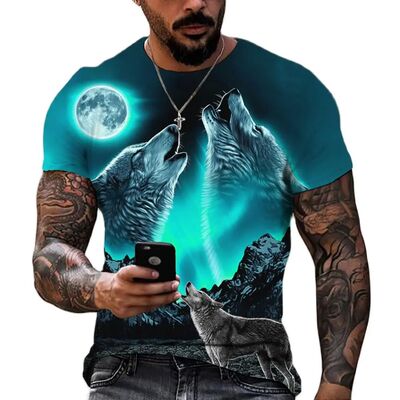 Wolf pattern 3D printed men's T-shirt狼图案3d印花男士修身T恤