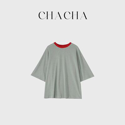 CHACHA【薄荷奶绿】休闲时尚百搭薄荷绿撞红领口T恤