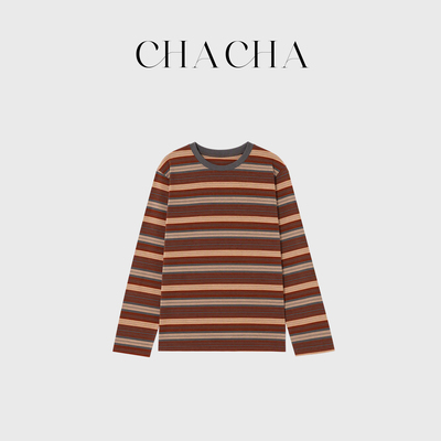 CHACHA【秋意迟暮】休闲时尚百搭咖色撞白条长t恤