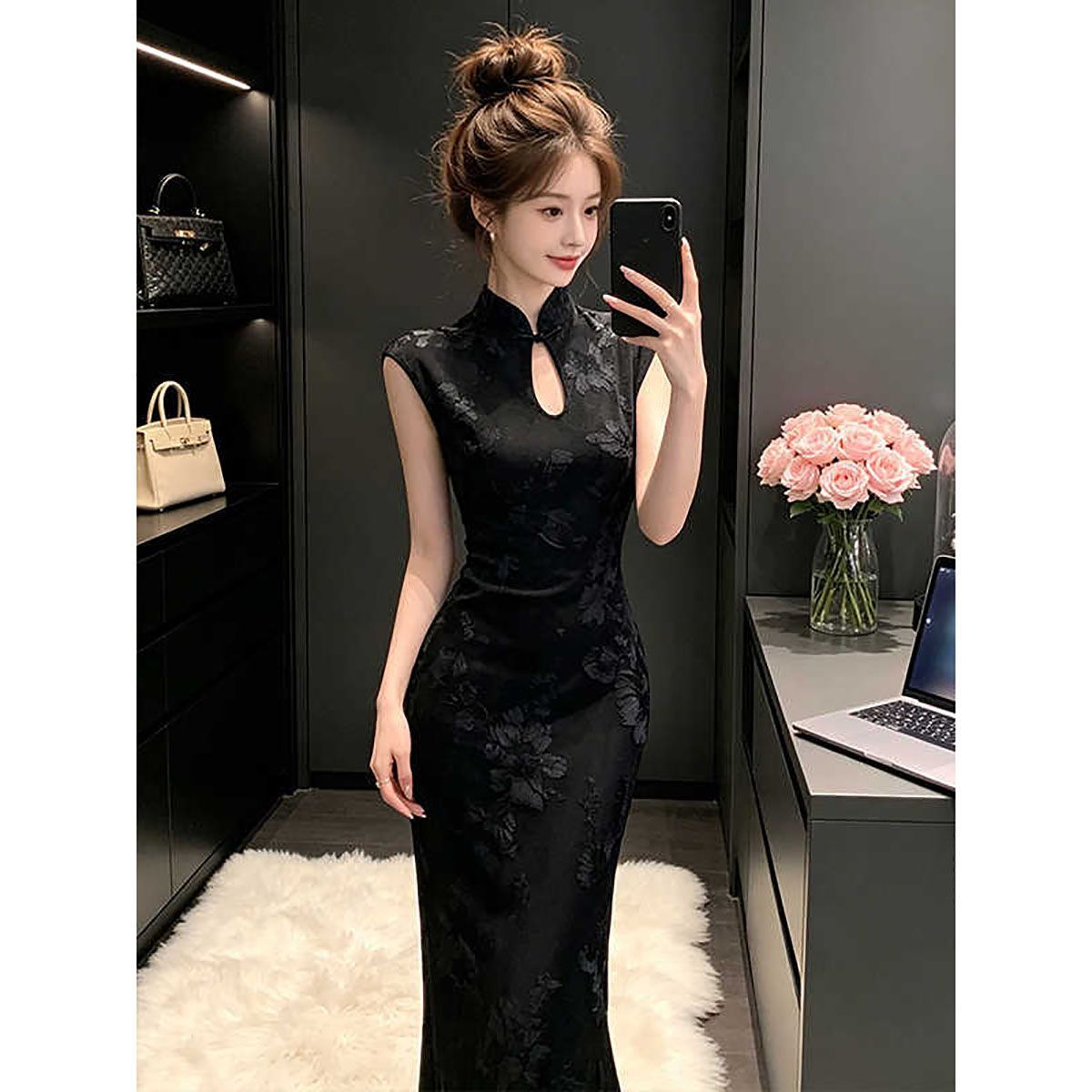 新中式黑色旗袍改良年轻款少女高级感大方得体绝美包臀连衣裙女夏