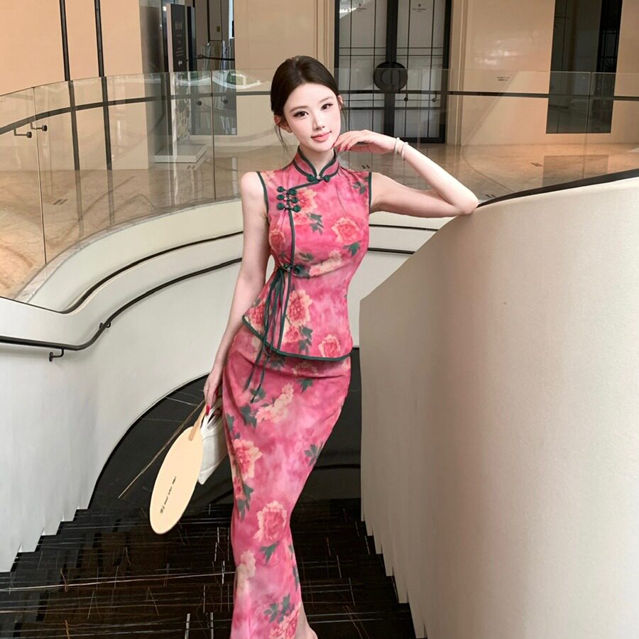 2026夏季新款法式洋气心机新中式网纱弹力修身显瘦旗袍两件套套装