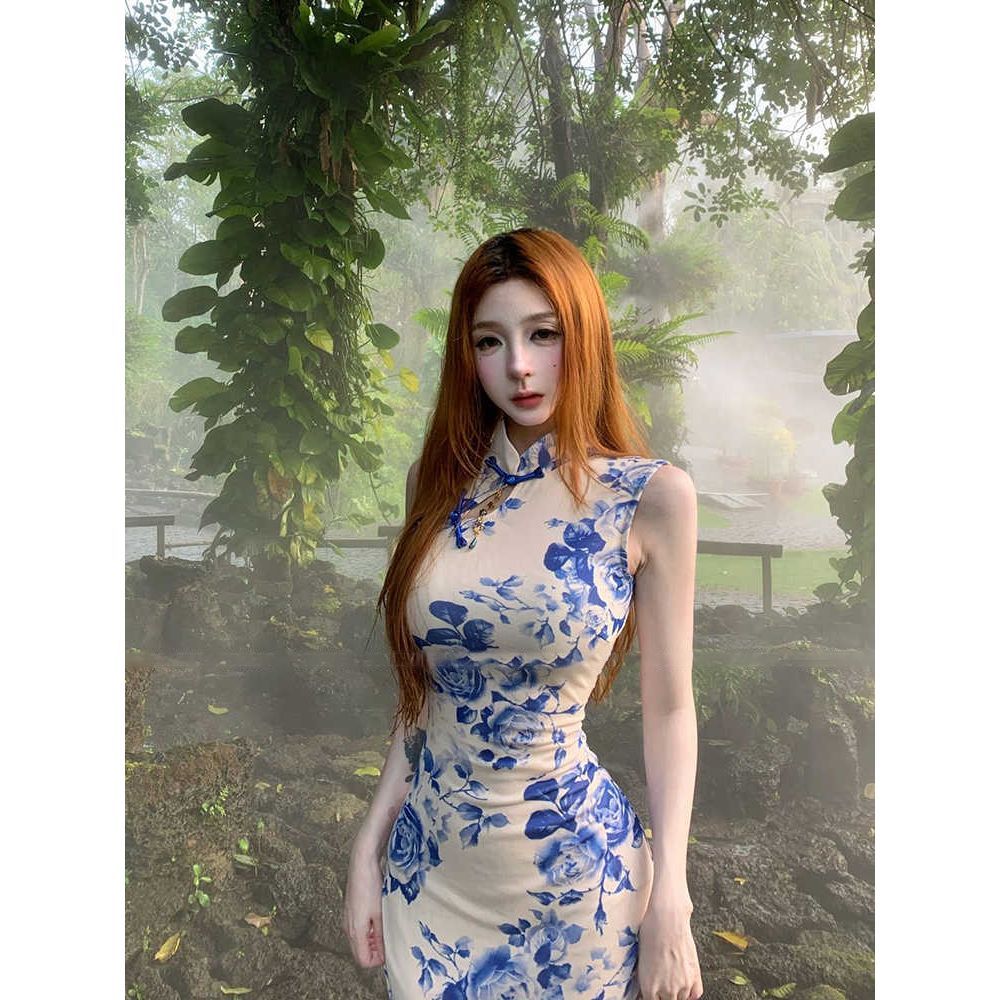 胖mm复古新中式青花瓷旗袍裙女2026年新款夏性感修身包臀百搭长裙