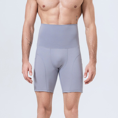 High waisted slim fit men's pants纯色高腰休闲运动修身短裤男