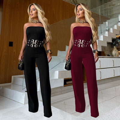 Strapless and shoulder baring jumpsuit抹胸露肩拼接女士连体裤