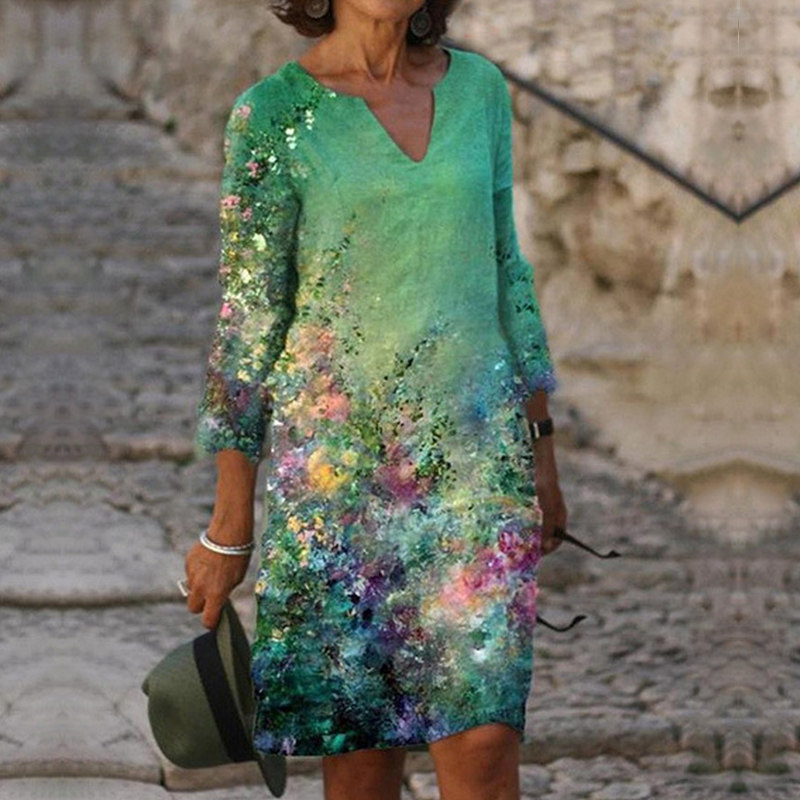 Printed Loose Short Sleeve V-Neck Dress印花宽松短袖V领连衣裙