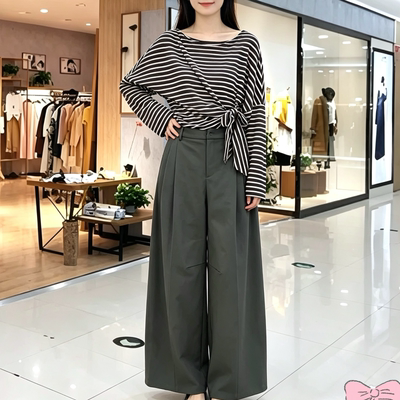 QDMEIWEN 26B-1002欧货侧系带不规则条纹上衣+杨桃裤两件套2026秋