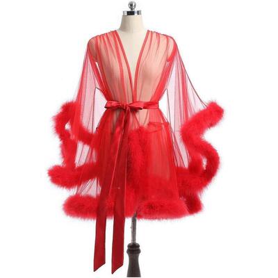 性感透明诱惑网纱毛毛浴袍礼服Sexy transparent gauze Cloak