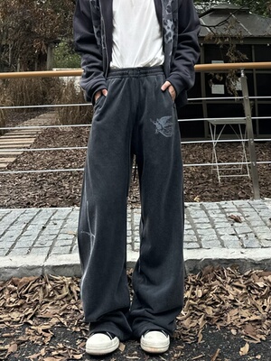 Grotequel美式复古斑驳字母印花抽绳阔腿卫裤男女直筒休闲长裤