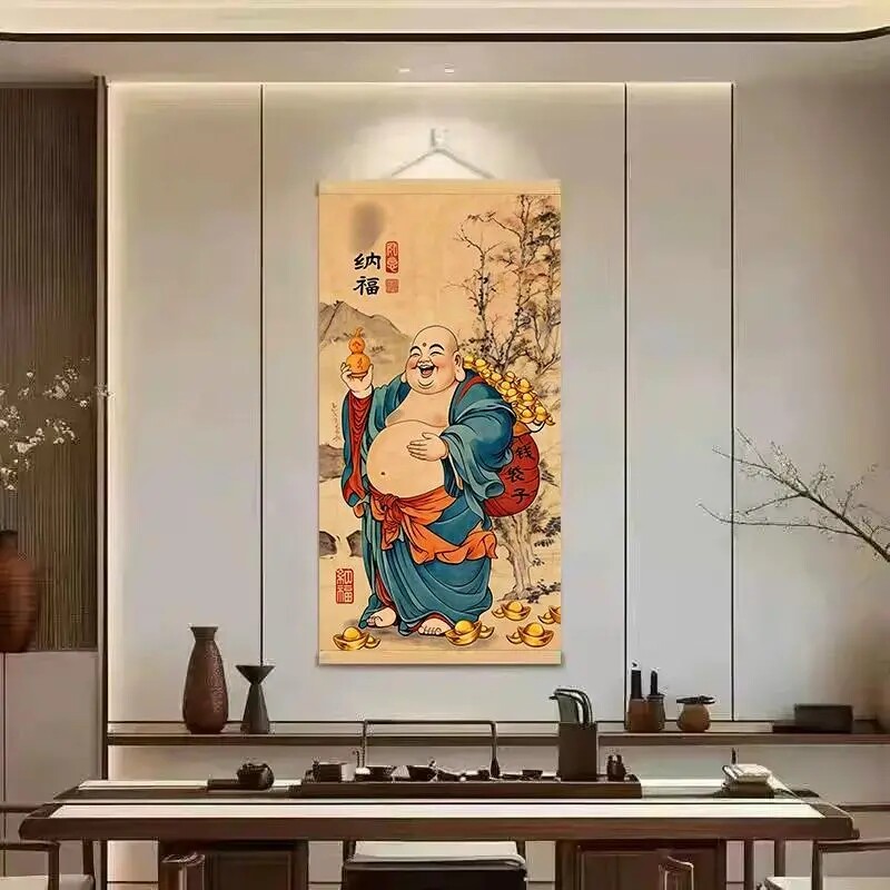【正品】弥勒佛纳福装饰画玄关入户门挂画竖版现代简约福字壁画