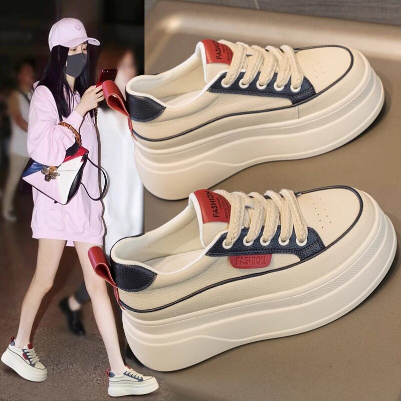 小白鞋女2025春秋新款内增高板鞋松糕厚底百搭运动休闲真皮女鞋子