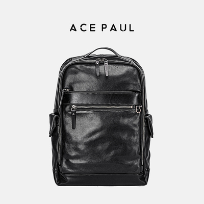 Ace Paul个性耐磨大容量多口袋出差商务头层牛皮背包双肩包黑色