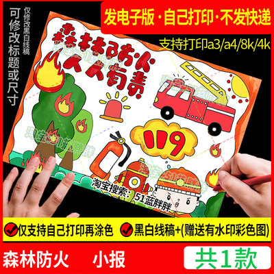 森林防火手抄报模板预防保护绘画消防安全教育主题火灾知识环境小