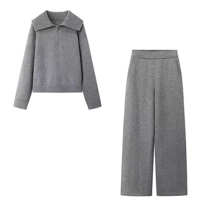 极简风半拉链针织衫阔腿裤女