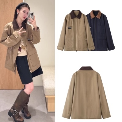 翻领宽松撞色拼接工装外套上衣女