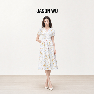 JASON WU-J系列恋夏风V领系带可收腰碎花连衣裙女中长裙夏季新款