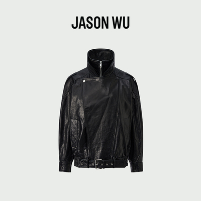JASON WU20 新款时尚潮流通勤百搭立领黑色绵羊皮皮衣外套女