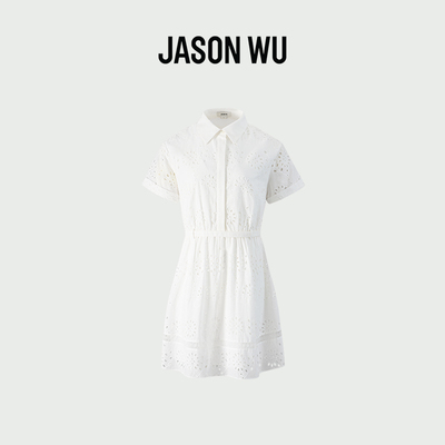 JASON WU夏季新款棉挑孔短袖连衣裙女士收腰显瘦翻领A字型衬衫裙