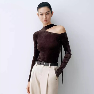 风斜领丝绒针织衫打底衫女