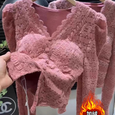 秋冬打底衫多巴胺法式泡泡新款加加厚蕾丝洋气长袖百搭上1226k
