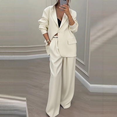 Color blocked suit wide leg pants set休闲拼色西装阔腿裤套装