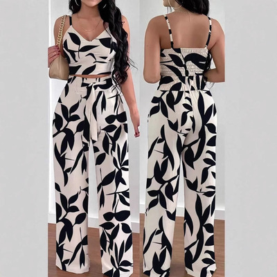 印花吊带阔腿裤套装Floral print offshoulder wideleg pants set