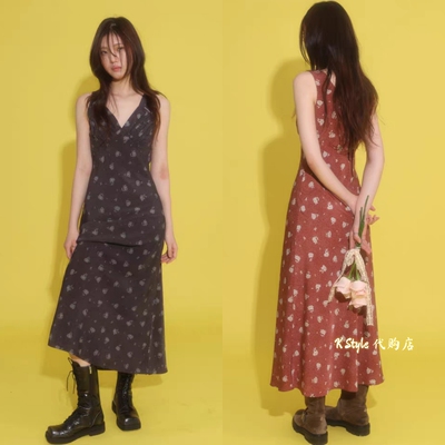 现货 Loulouseoul 26新款度假风低胸V领碎花收腰背带连衣长裙女