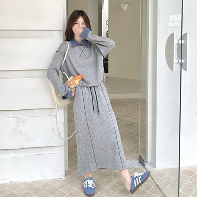 现货首发/衬衫领拼接假两件上衣 半身裙套装2C233-5827-P175-K269