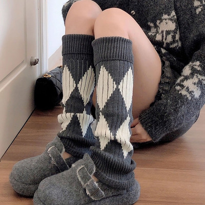 秋冬加厚袜套堆堆袜冬季配雪地靴鲨鱼裤外穿菱格粗纹针织堆堆袜套