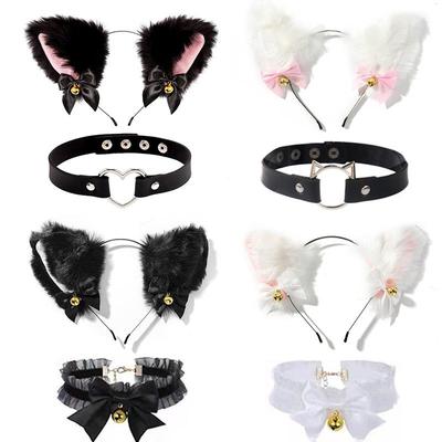 1set Cat Ears Bow Headband Necklace Cosplay Rabbit Ear Plush