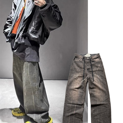 BLCG新款25ss水洗做旧泥染铁锈色裤口割破宽松阔腿男女直筒牛仔裤