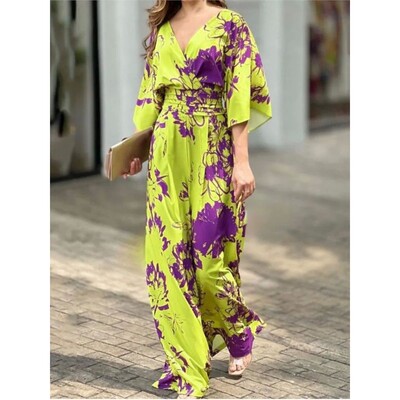 Sexy V-neck floor length jumpsuit印花蝙蝠袖性感V领拖地连身裤