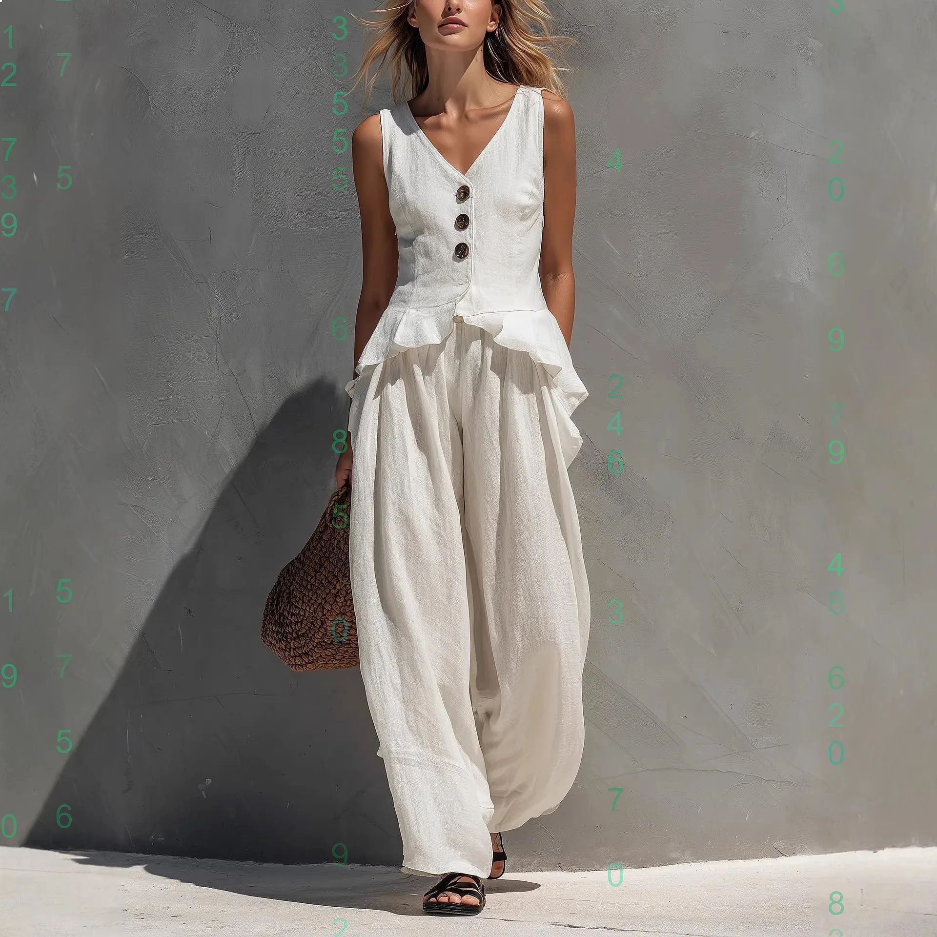 纯色V领纽扣阔腿裤套装Solid color V-neck buton wide leg pants
