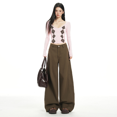 BRN美式复古咖色弯刀阔腿牛仔裤女秋冬加绒宽松显瘦显腿长直筒裤