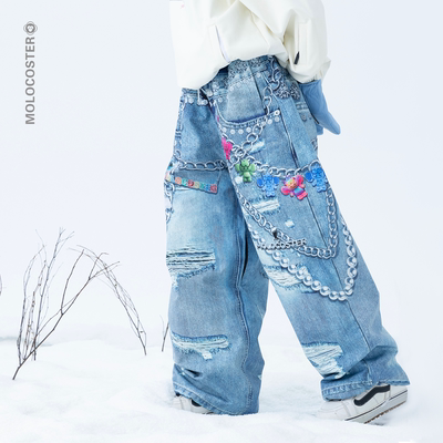 Molocoster西猿新款3D牛仔印花防水保暖户外运动男女滑雪裤