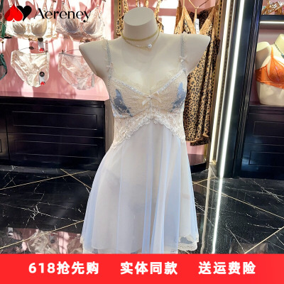 AERENEY/爱亦心伊新款法式性感蕾丝深V刺绣吊带短裙女睡衣91568