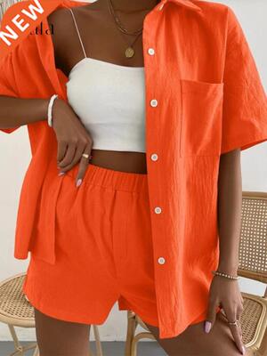 Long Sleeve Single-breasted Top + Broad-legged Shorts Set Fa
